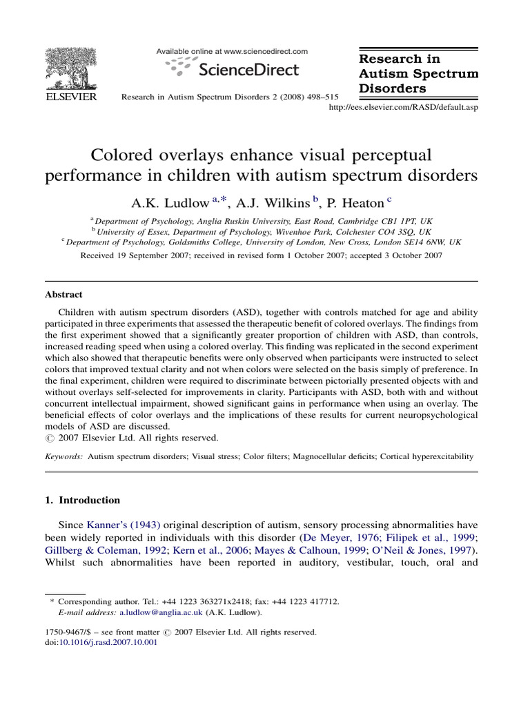 Colored Overlays Enhance Visual Perceptu | PDF | Autism | Visual System
