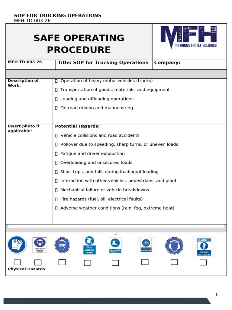 Safe Operating Procedure For Trucking | PDF | Personal Protective ...