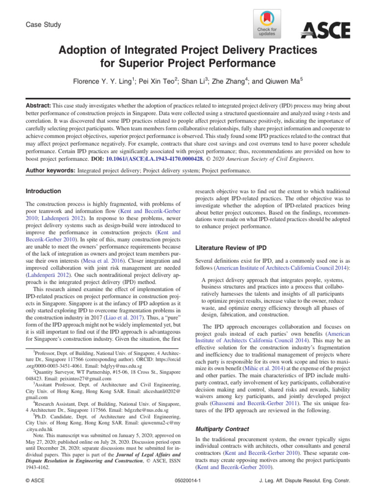 Ling Et Al 2020 Adoption of Integrated Project Delivery Practices For ...
