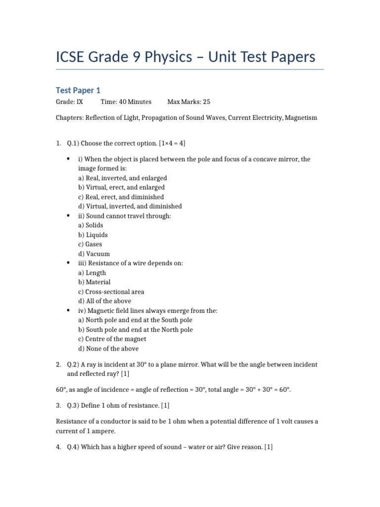 ICSE Grade9 Physics Tests | PDF | Reflection (Physics) | Sound