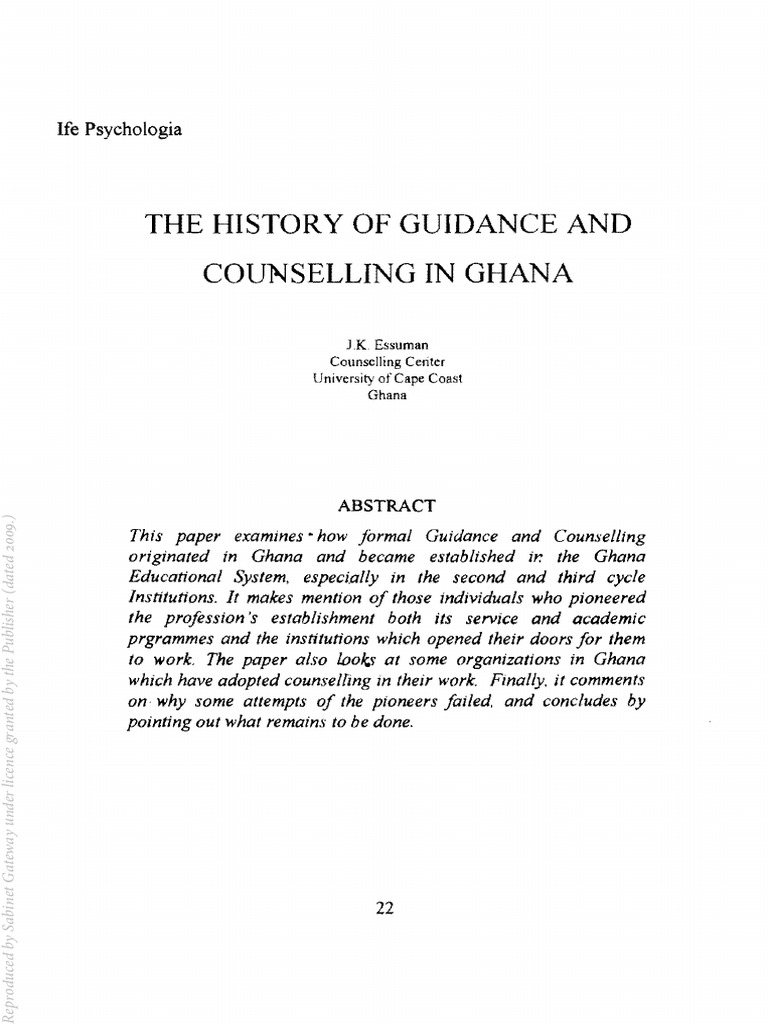 Essuman 1999 the History of Guidance and Counselling in Ghana | PDF ...