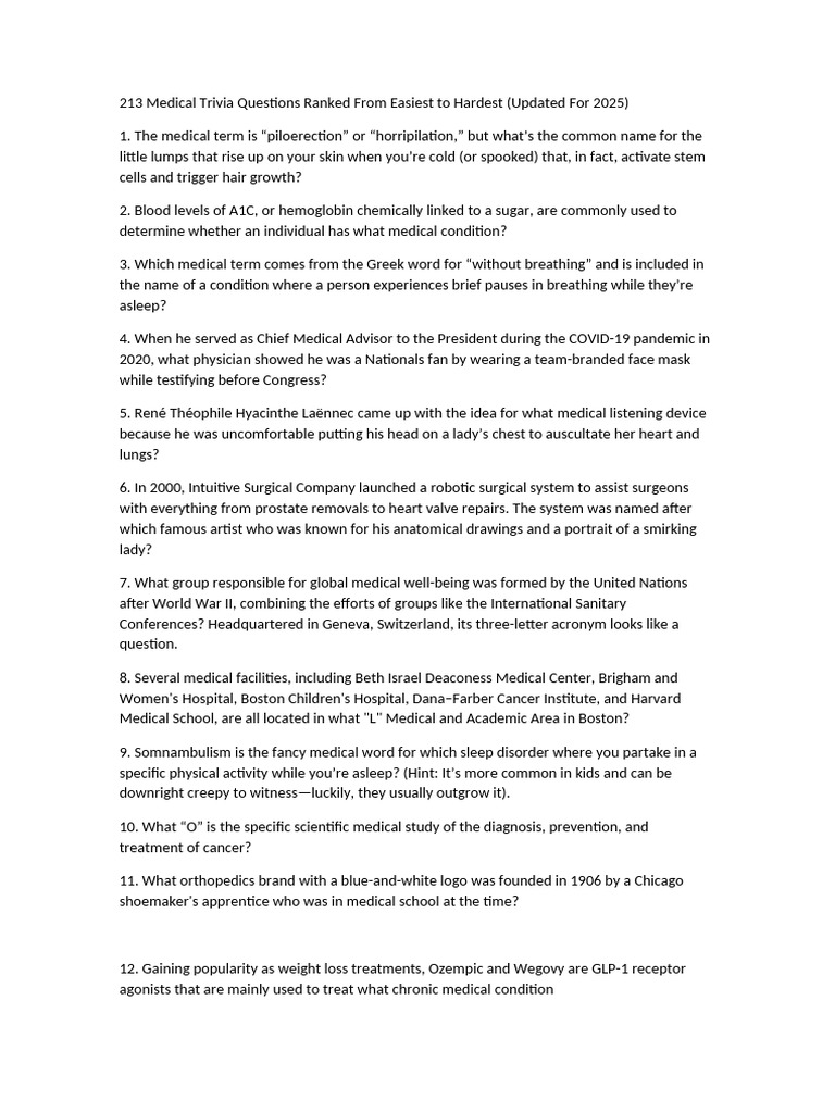 213 Medical Trivia Questions Ranked From Easiest To Hardest | PDF ...