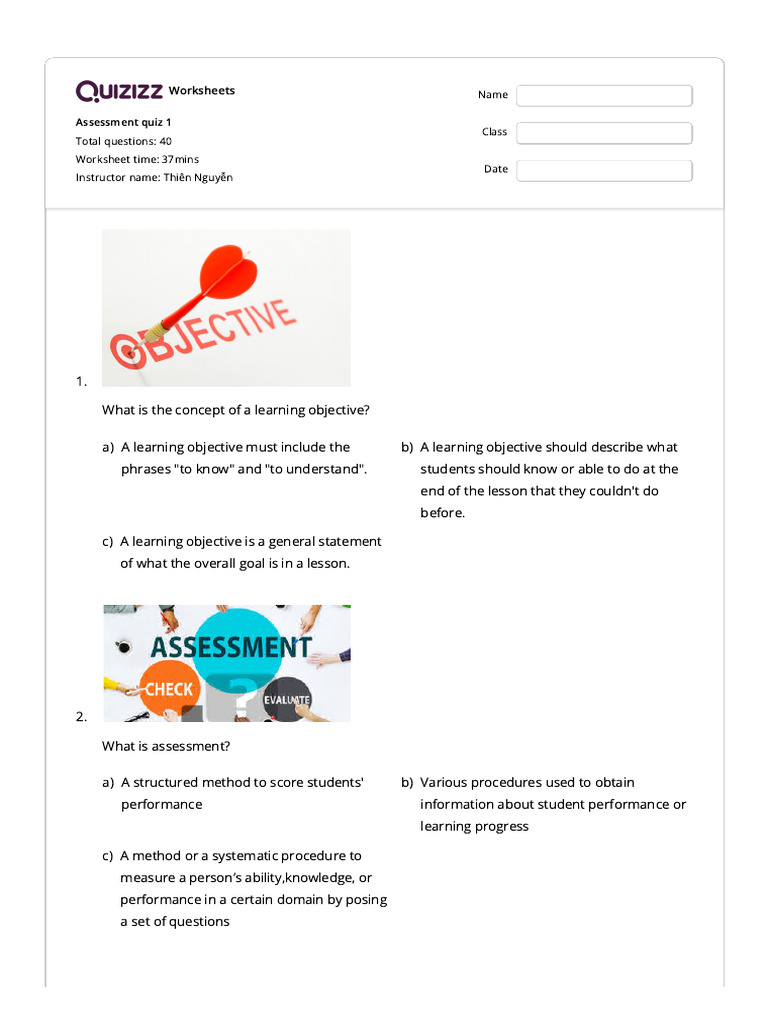 Assessment Quiz 1 - Quizizz | PDF | Educational Assessment | Validity ...