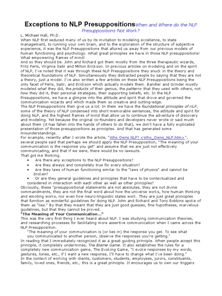 Michael Hall - Exceptions To Presuppositions | PDF | Neuro Linguistic ...