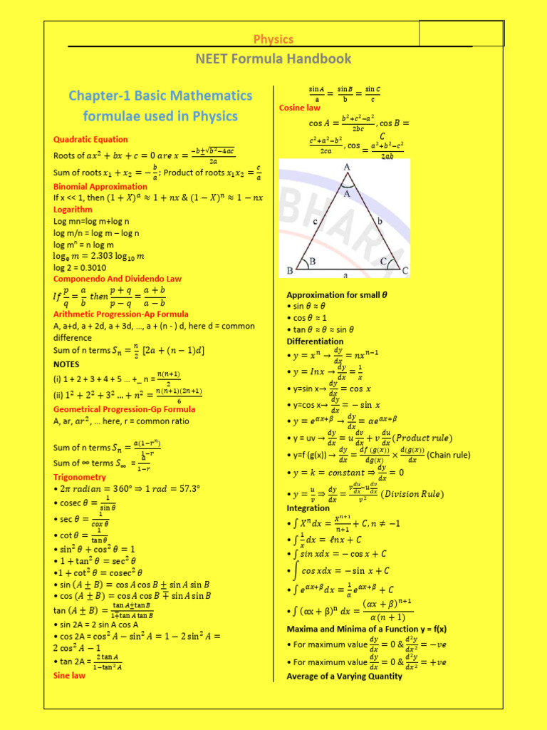PHYSICS FORMULA Hand Book for NEET(UG) | PDF | Area | Acceleration