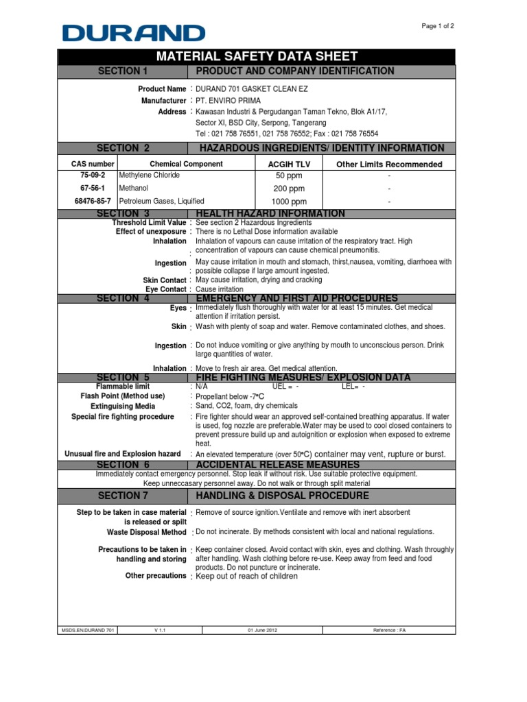 MSDS Durand 701 Gasket Clean EZ | PDF | Materials | Chemical Substances