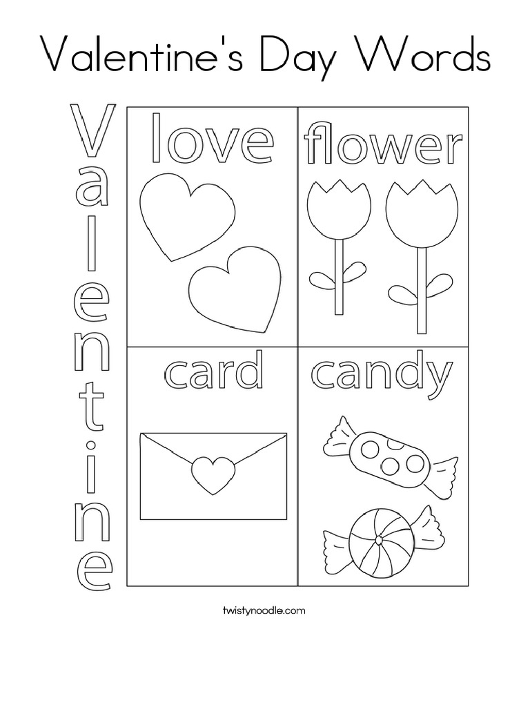 Valentine's Day Words Coloring Page - Twisty Noodle | PDF