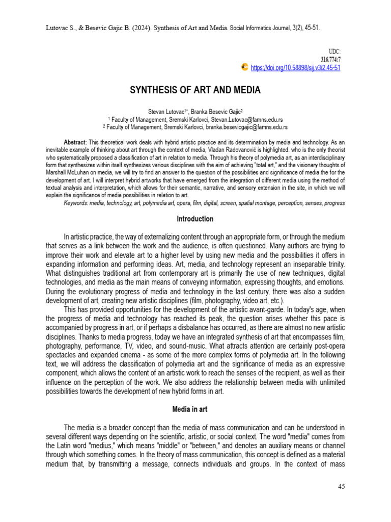 Lutovac Stevan, & Besevic Gajic Branka. Synthesis of Art and Media ...
