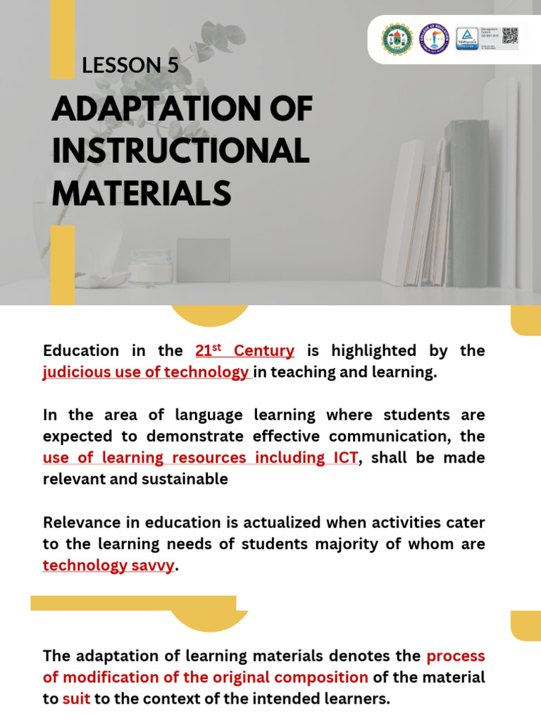 Llmd Lesson 5 Adaptation of Instructional Materials | PDF | Learning ...