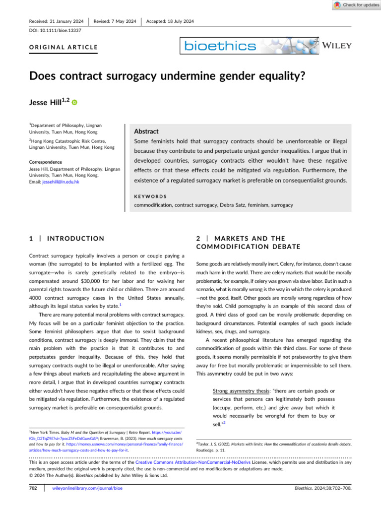 Bioethics - 2024 - Hill - Does contract surrogacy undermine gender ...