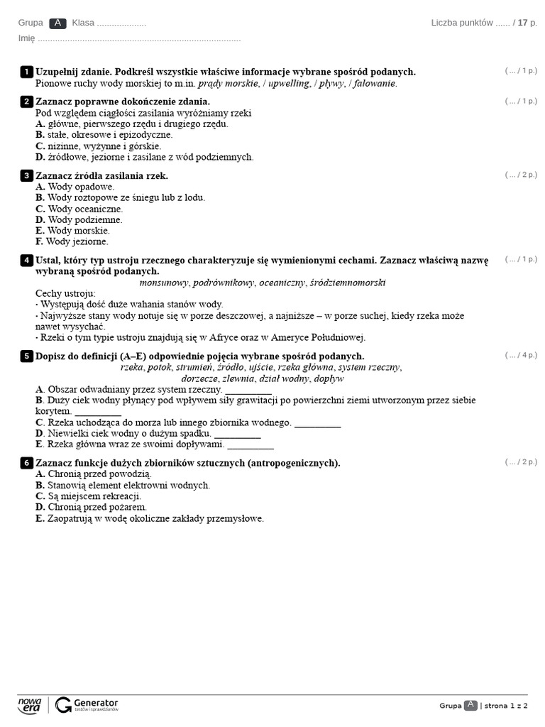 Hydrosfera Test (Z Widoczną Punktacją) | PDF