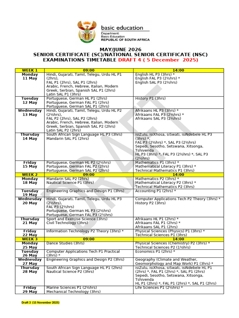 May-June 2026 SC NSC Timetable Draft 4 5 December 2025 | PDF ...
