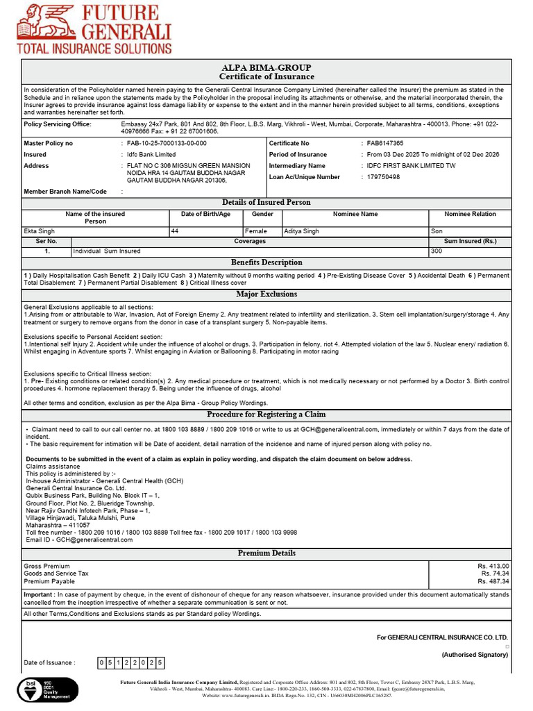 Policy Certificate | PDF | Insurance