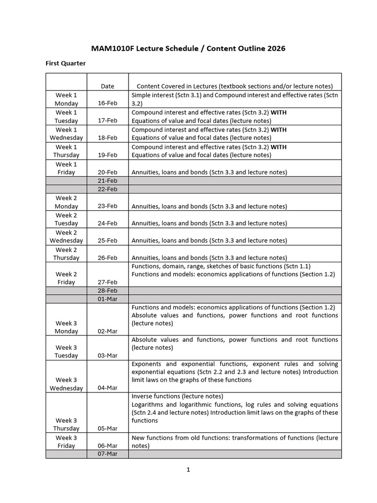 MAM1010F Lecture Schedule 2026 | PDF | Integral | Derivative