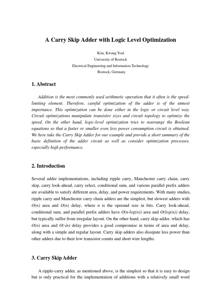 Kim A Carry Skip Adder With Logic Level Optimization Pdf Digital