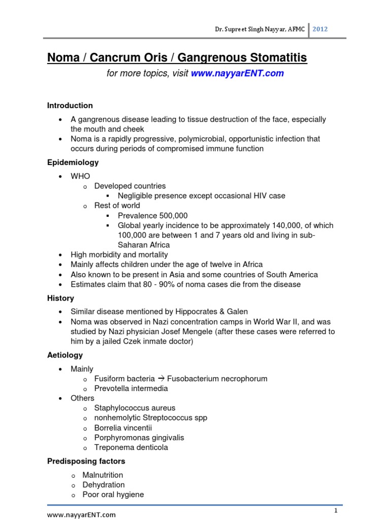 Noma Cancrum Oris Gangrenous Gingivitis | Public Health | Epidemiology