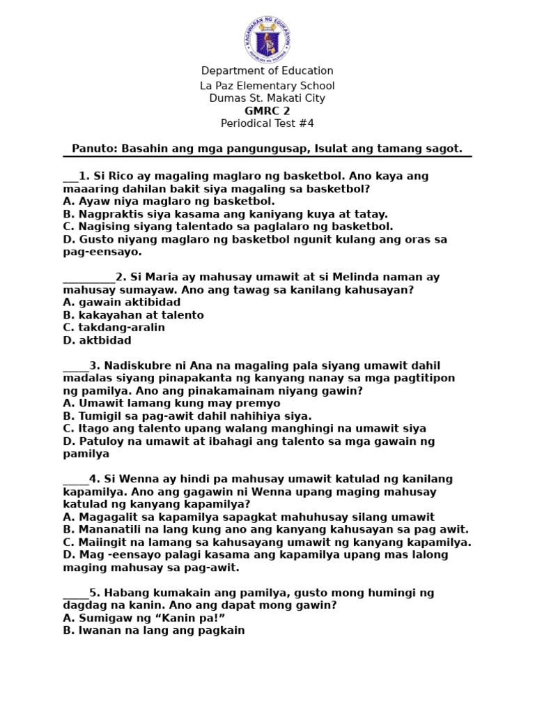 Periodic Test No. 4 GMRC 2 | PDF