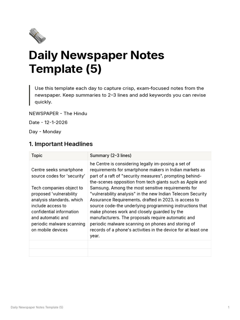 Daily Newspaper Notes Template (5) : 1. Important Headlines | PDF ...