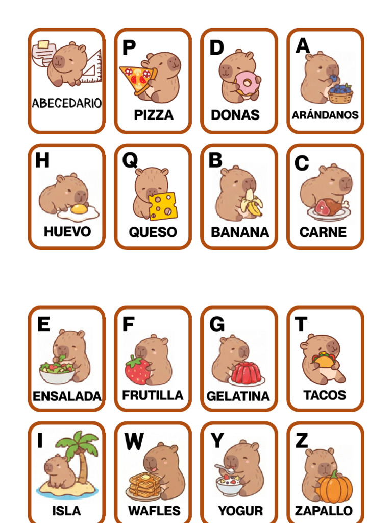 Tarjetas Educativas Vocabulario Comida Ilustrado Capivara Marrón | PDF