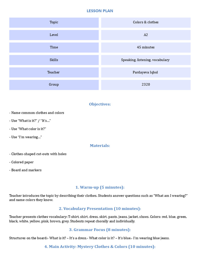 A2 Colors and Clothes Lesson Plan-1.docx 20260125 162617 0000 | PDF ...