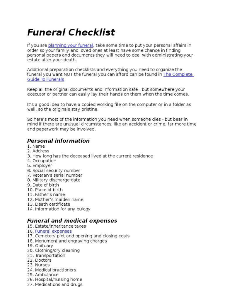 Funeral Checklist | PDF | Funeral | Cemetery
