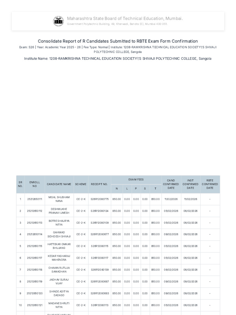 Regular Exam Form Institute Confirm-1 | PDF