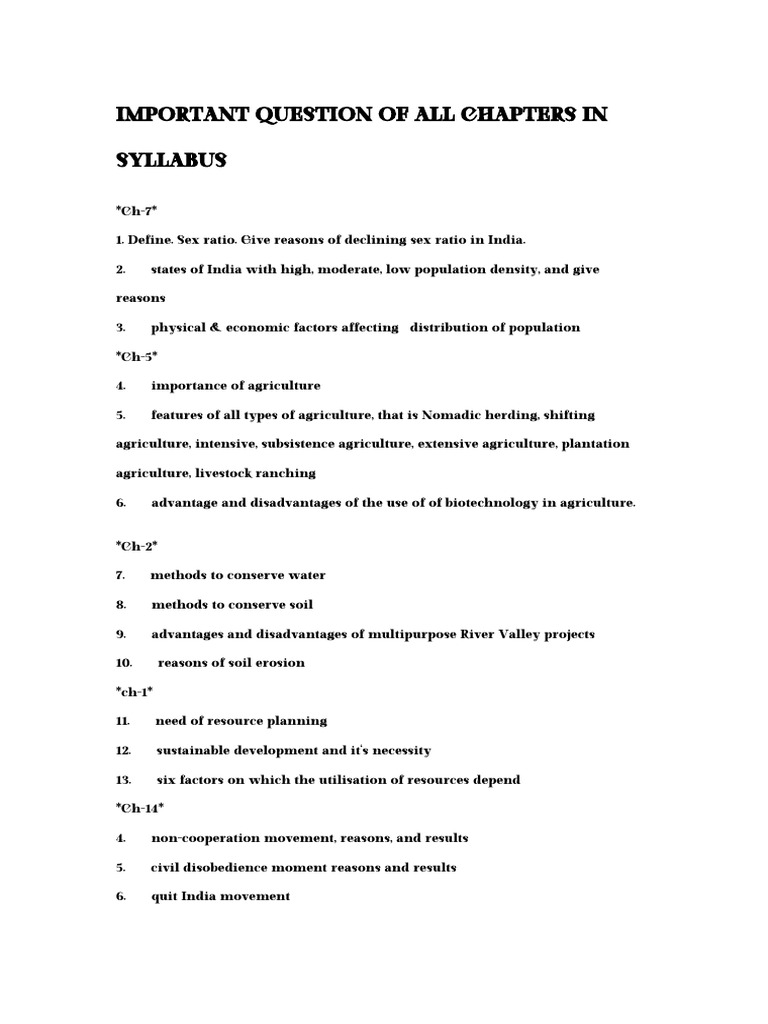 Important Questions For All Chapters in Syllabus | PDF | Government ...