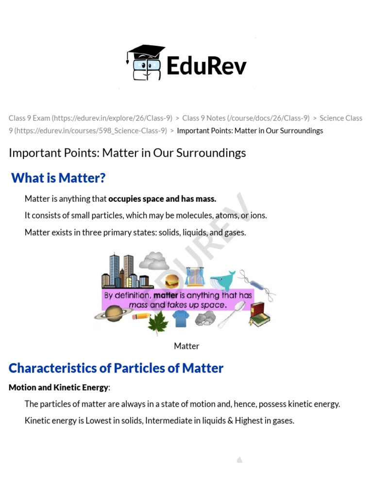 Important Points - Matter in Our Surroundings - Science Class 9 PDF ...
