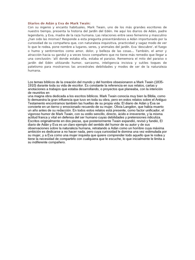 Diarios de Adán y Eva de Mark Twain | PDF | Adán y Eva | Víspera