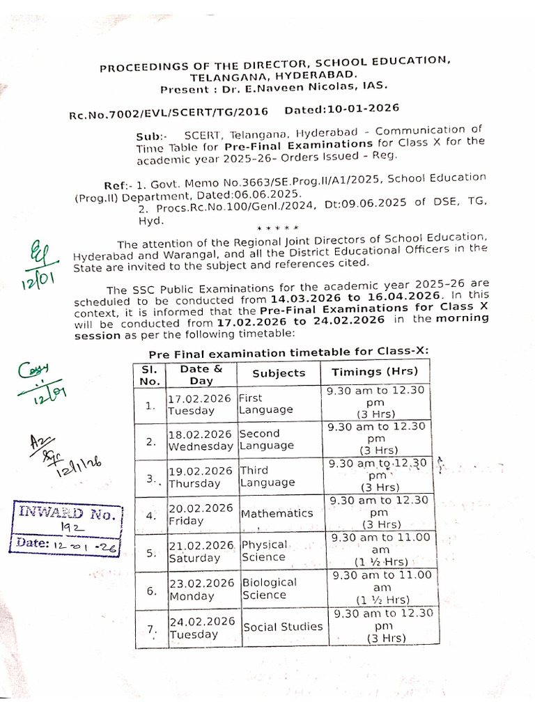 SSC 2026 Prefinal Examination Time Table | PDF