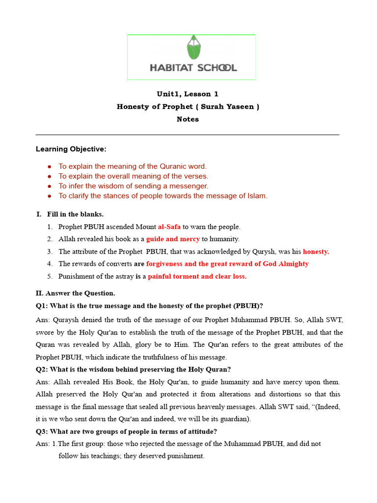 Honesty of Prophet Surah Yaseen 1-12 Notes and Activities Grade 8 | PDF ...