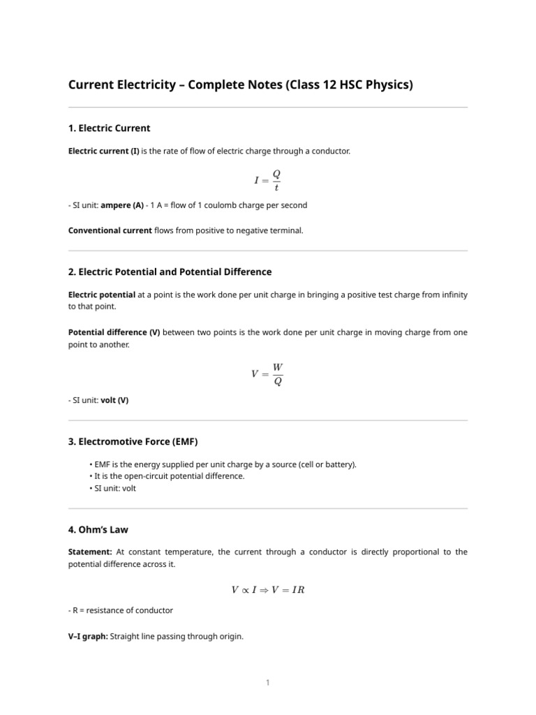 Current Electricity - Complete Notes (12th HSC Physics) | PDF ...