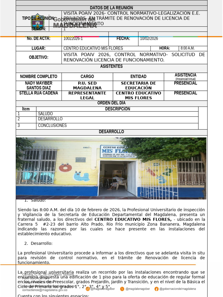 Acta Visita Centro Educativo Mis Flores Men | PDF