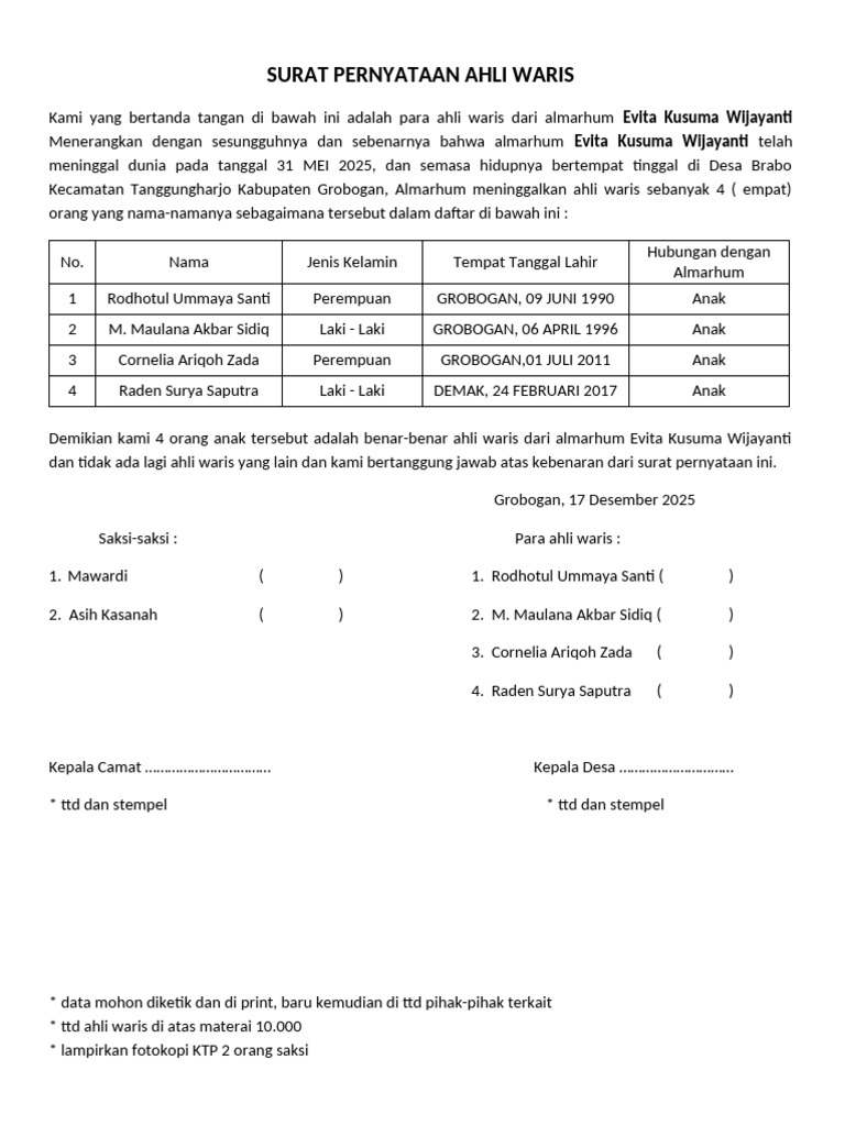 Form Surat Pernyataan Ahli Waris Sidiq | PDF
