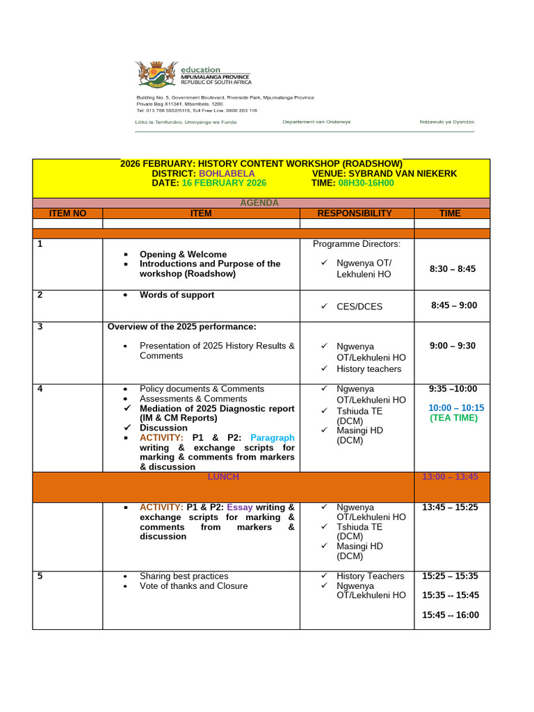 2026 Feb History Agenda Bohlabela | PDF