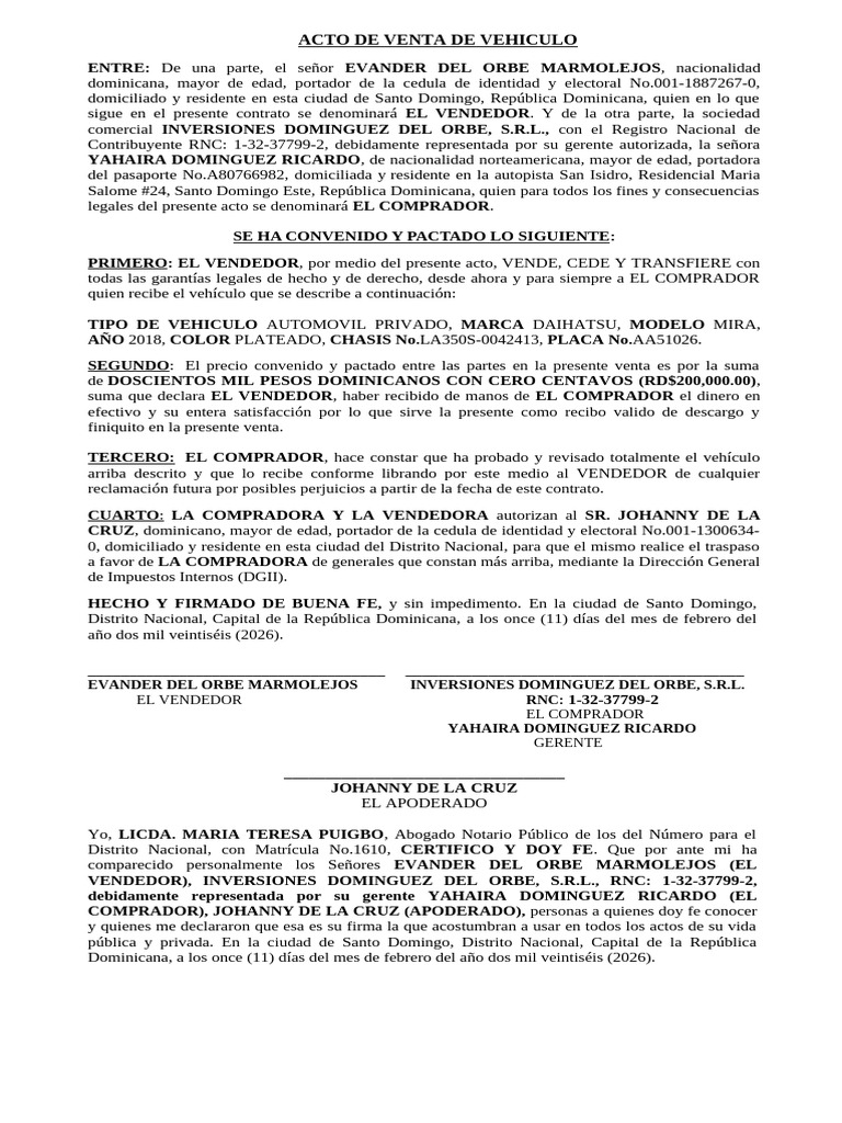 Acto de Venta Evander Del Orbe Marmolejos | PDF