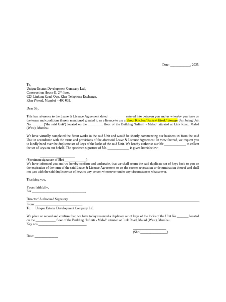 Key Handover Letter | PDF