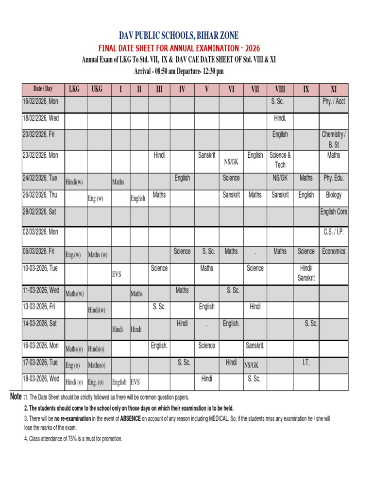 Final Date Sheet of Annual Exam 2026 | PDF