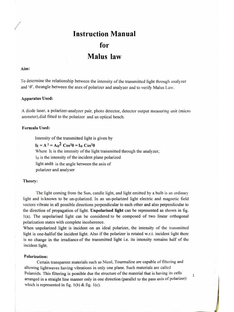 Diagram and Theory Malus Law | PDF | Polarization (Waves) | Light
