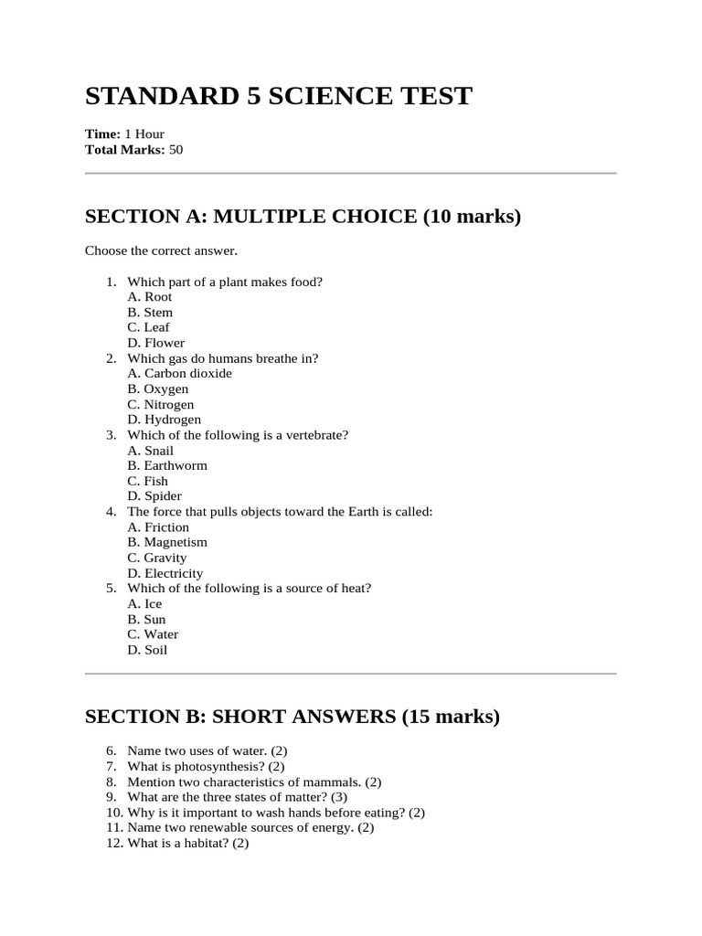 Standard 5 Science Test | PDF | Water | Plants