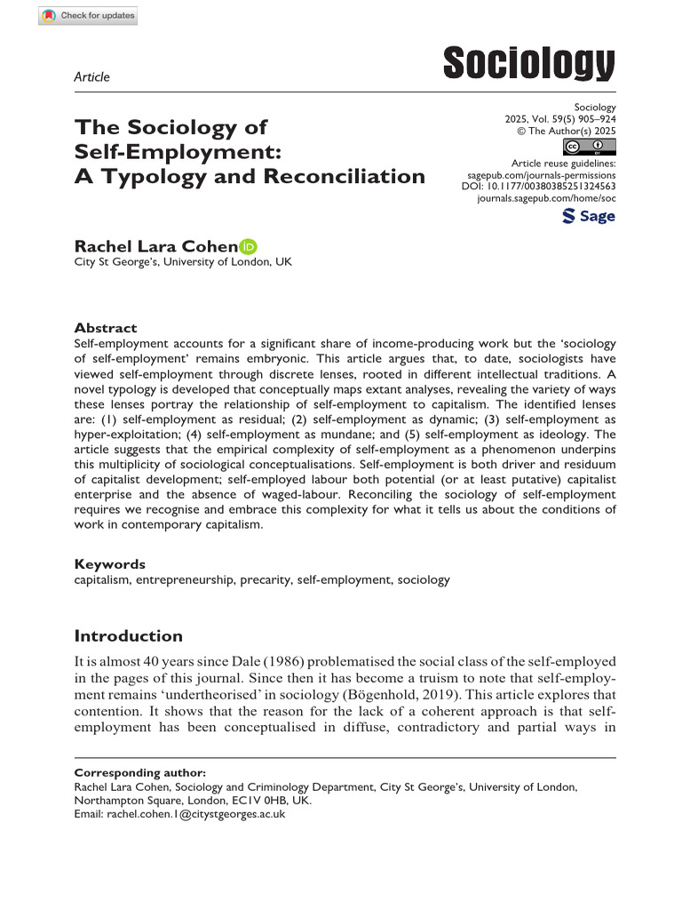 sociology of self employment a typology and reconciliation | PDF ...