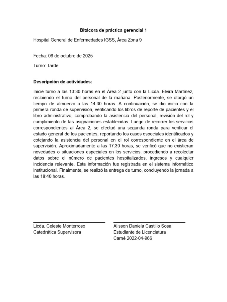 Bitacoras Practica Gerencial I Alisson Castillo | PDF | Cuidado de la salud