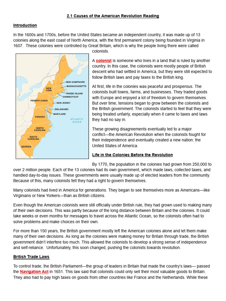 2.1 Causes of The American Revolution Reading | PDF