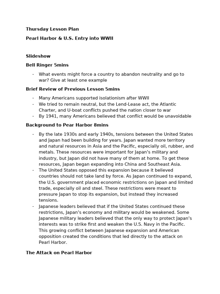 Pearl Harbor Lesson Plan SW Thursday Feb 11 | PDF | Attack On Pearl ...