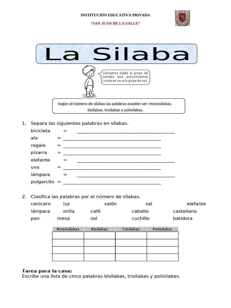 Ficha Clasificacion de Las Silabas Para Cuarto de Primaria | PDF