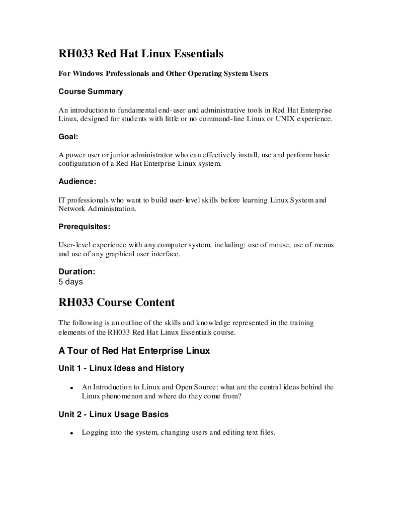 RH033 Red Hat Linux Essentials: For Windows Professionals and Other ...