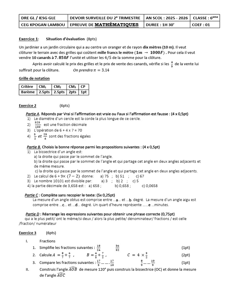 DST Trim 2 Maths 6e 25-26 | PDF | Algèbre | Concepts mathématiques