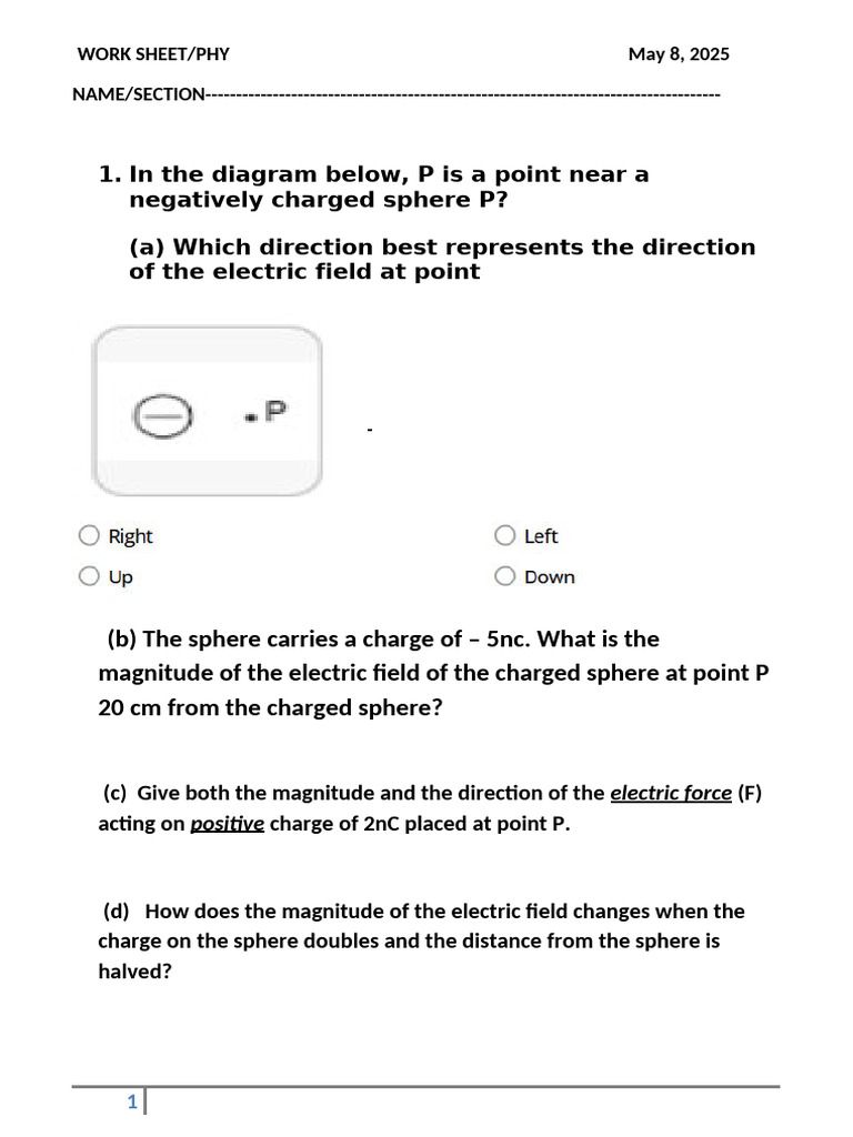 Electric Field Worksheet | PDF