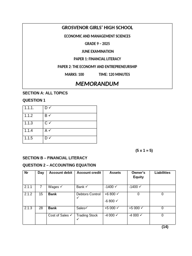 Grade 9 EMS June Examination MG | PDF | Prices | Debits And Credits