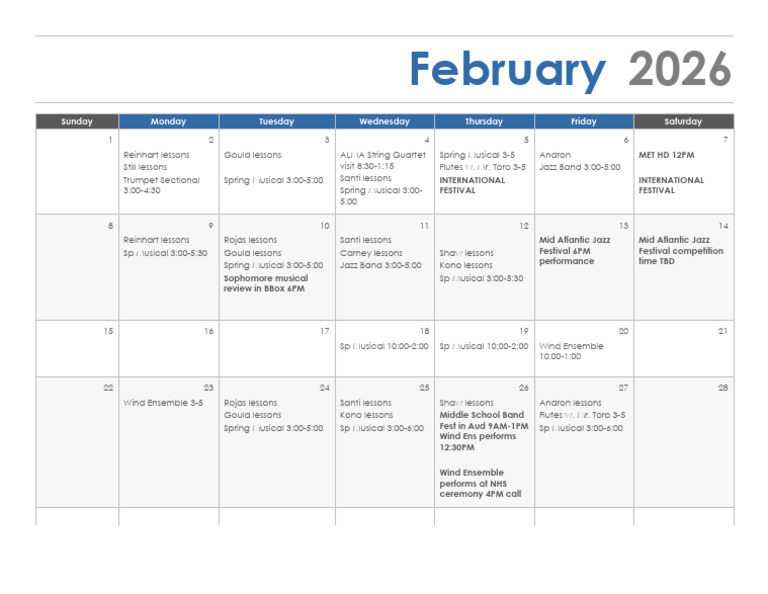 February Rehearsal Calendar 2026 Updated 1-23 | PDF
